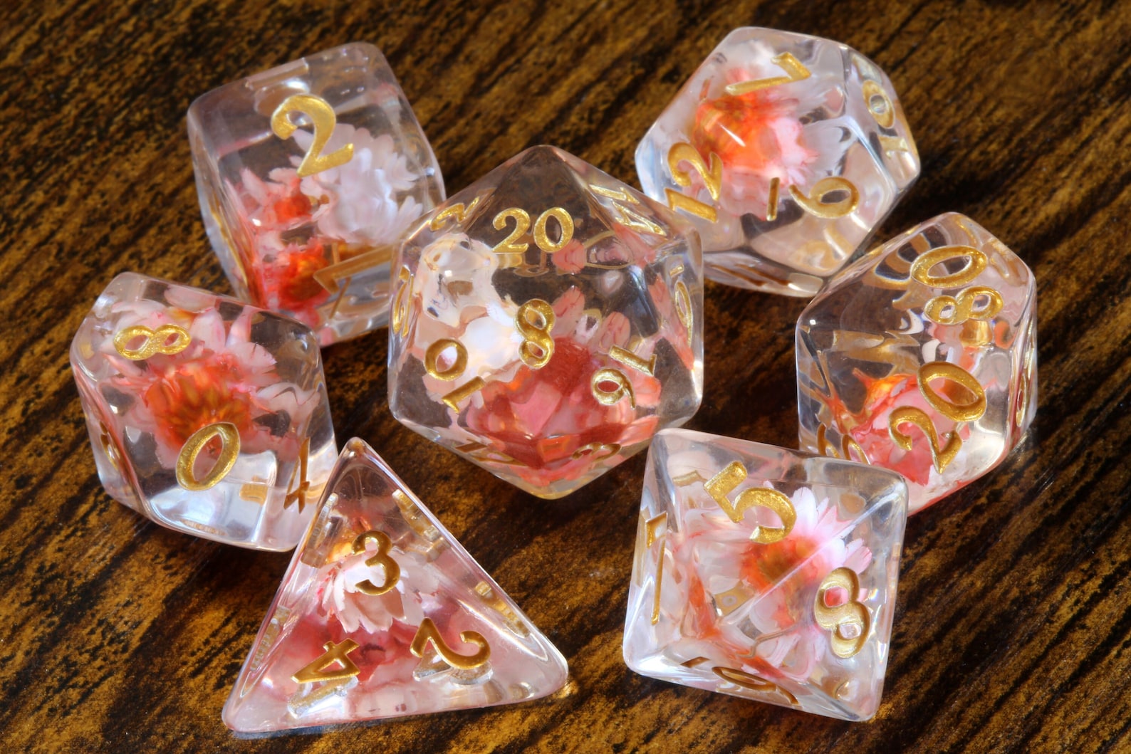 DND Dice set | Tiny pink and red flowers dice with real flower ...
