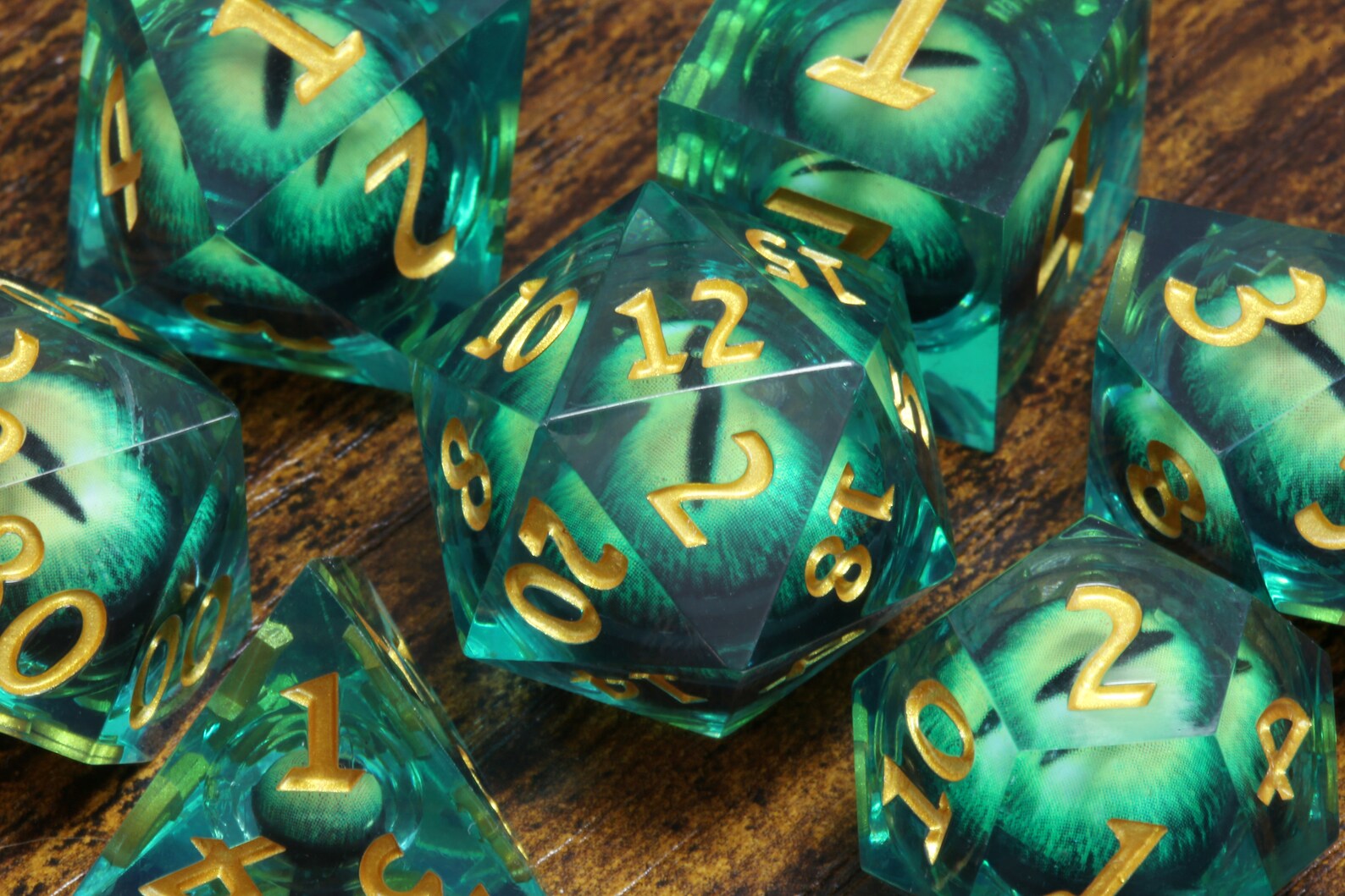 Basilisk Gaze dice set - Liquid Core sharp edge dice with green moving ...