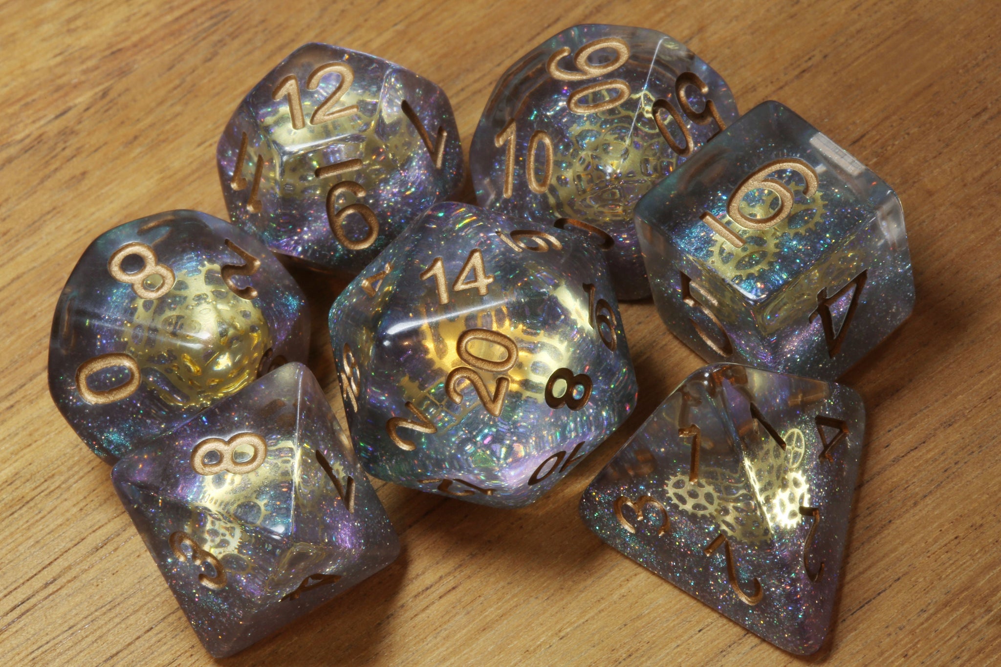Aether Sprockets DND Dice set with small golden gear – The Wizard's Vault